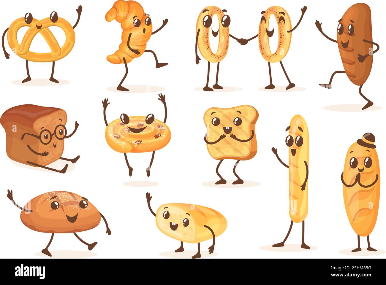 Cartoon bread mascots. Bakery food funny characters with cute face arm ...