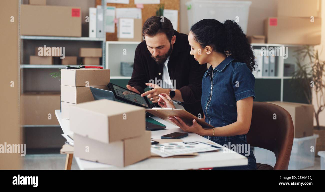 Man, woman and tablet for logistics, boxes and planning with order ...