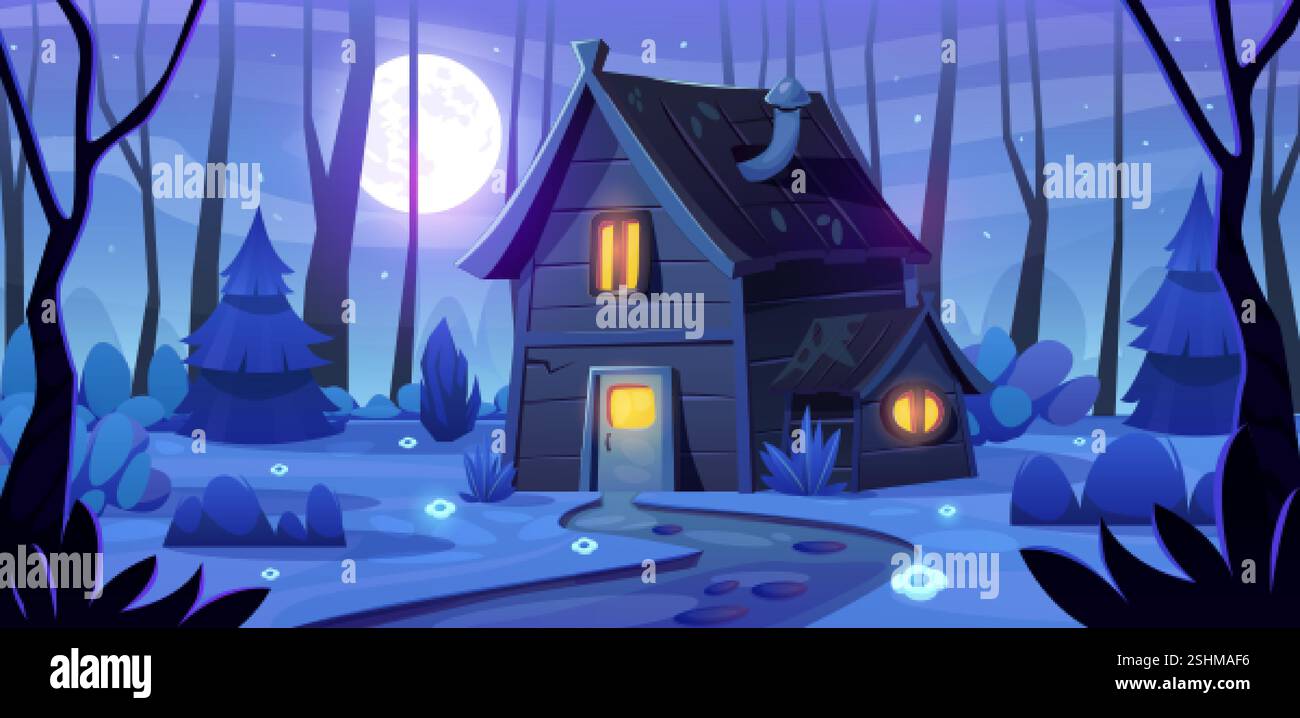 Dark forest house. Witch cabin in night jungle or swamp, mysterious hut ...