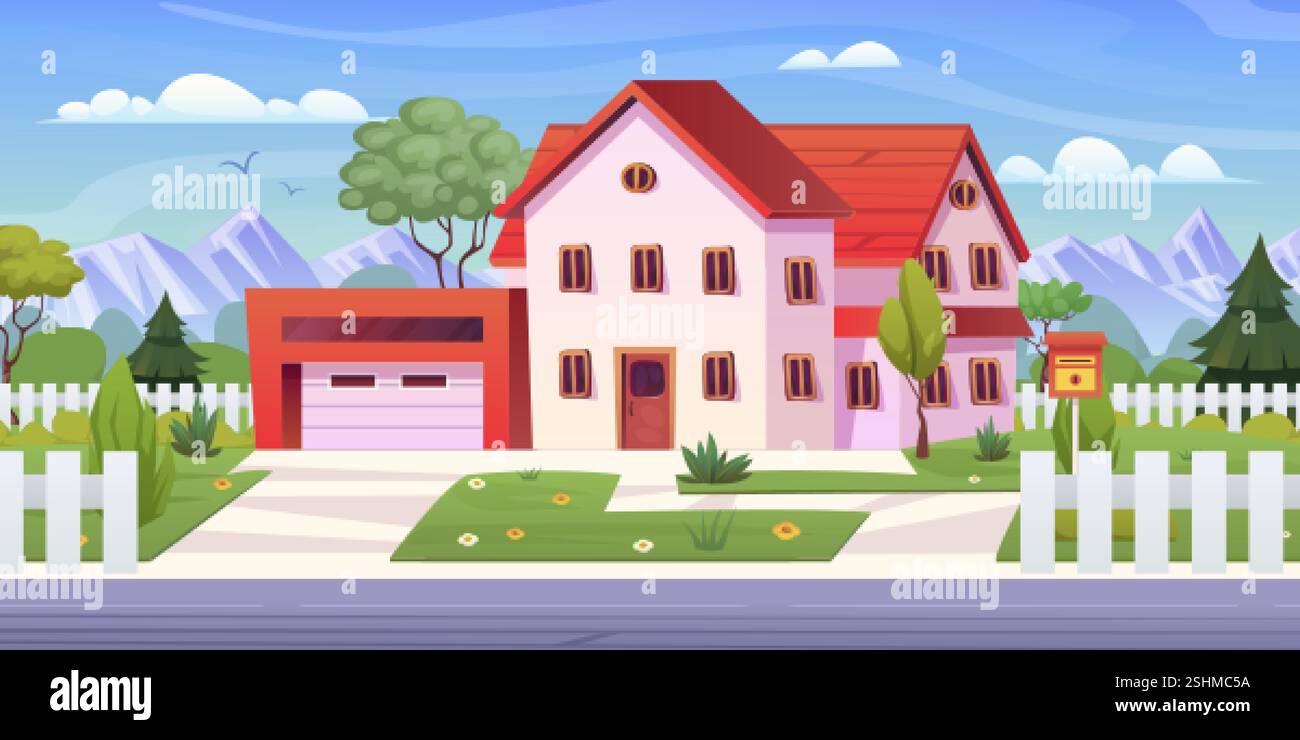 Cartoon suburban cottage. Countryside villa, american residential house ...
