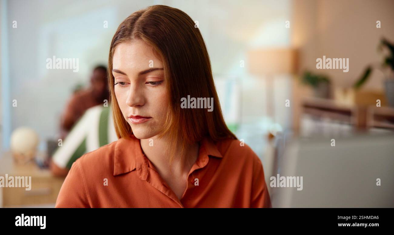 Stress, thinking and business woman in office with work mistake ...