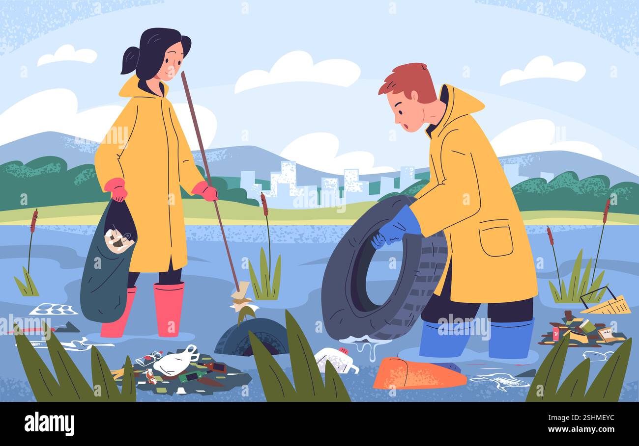 People clean river. Volunteers cleaning dirty water polluted sea or ...