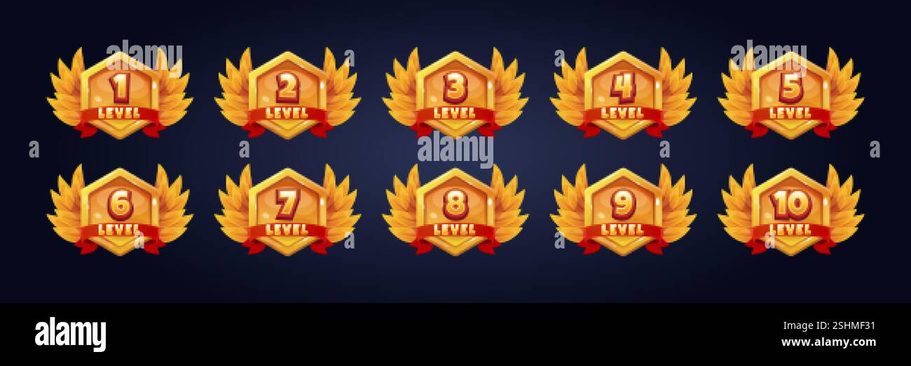 Level number badges. Game player levels up badges, achievement rank ...