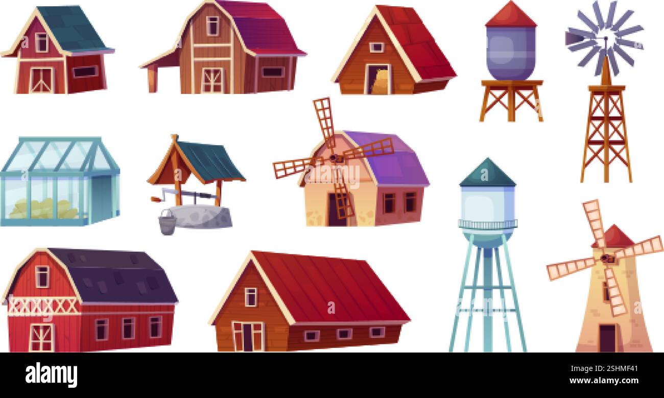 Cartoon farm buildings. Rustic houses, agricultural building village ...