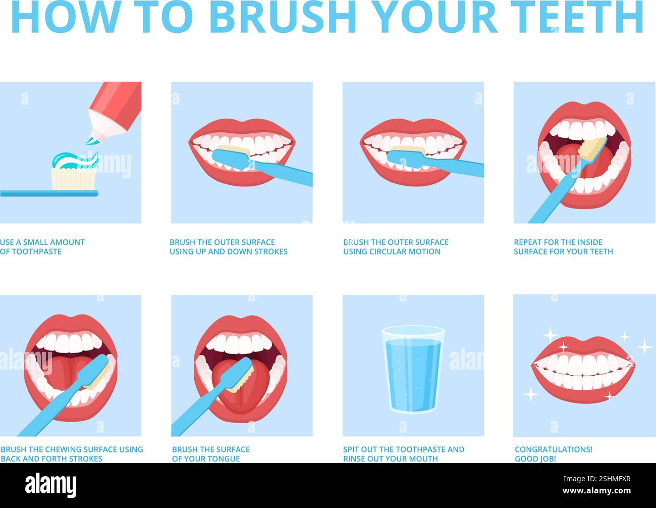 Teeth brushing infographic. Tooth brush arrow motion step instruction ...