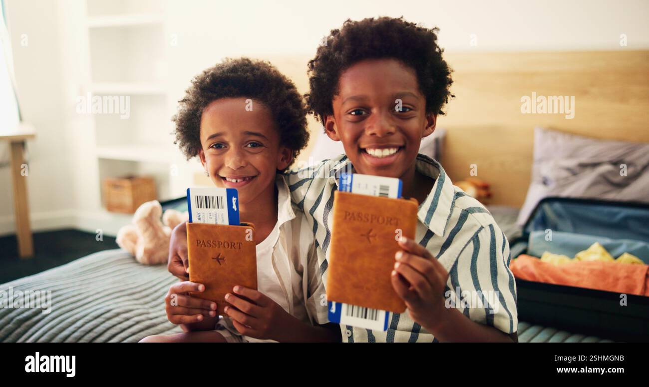 Hug, children and ticket with passport in portrait, travel holiday and ...