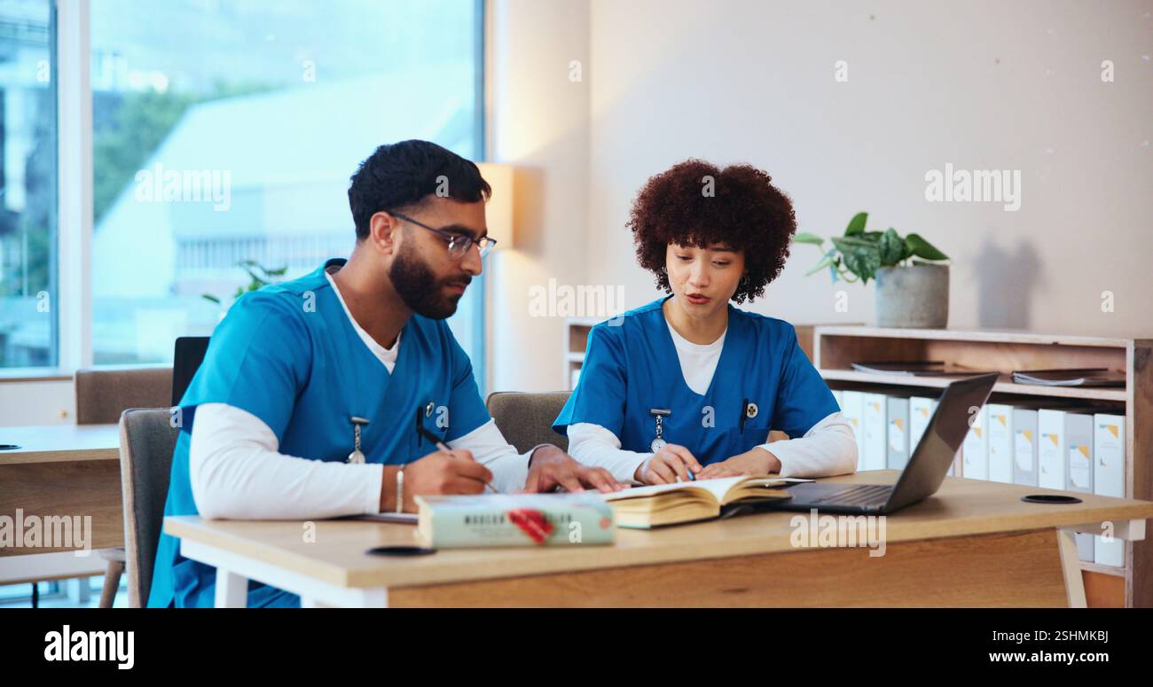 Healthcare, learning and doctors with test, medical school or studying ...