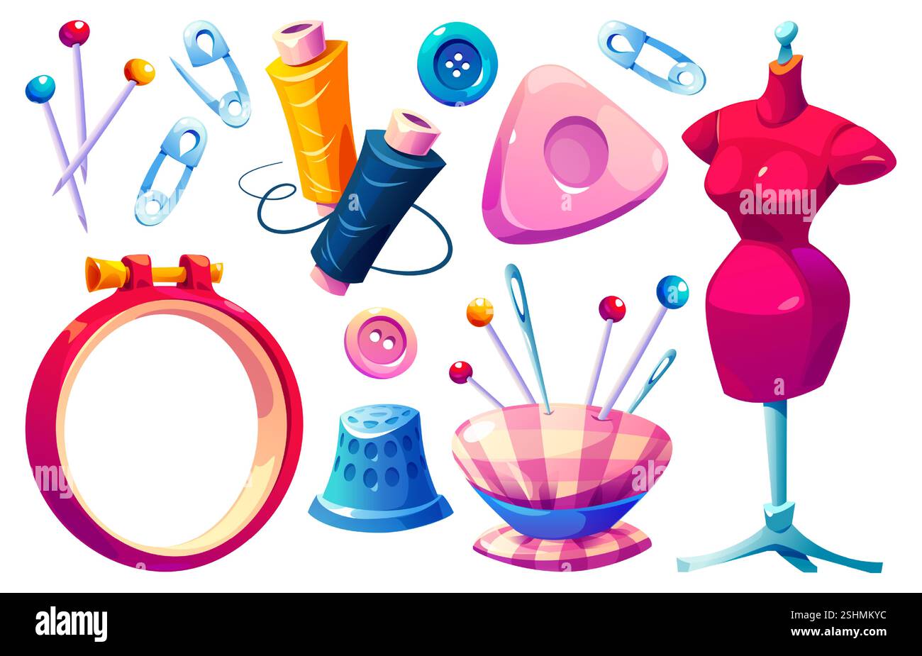 Cartoon sewing accessories collection with mannequin, embroidery hoop ...
