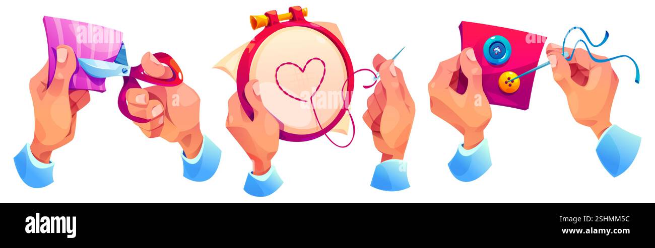 Cartoon hands performing sewing activities with scissors, embroidery ...