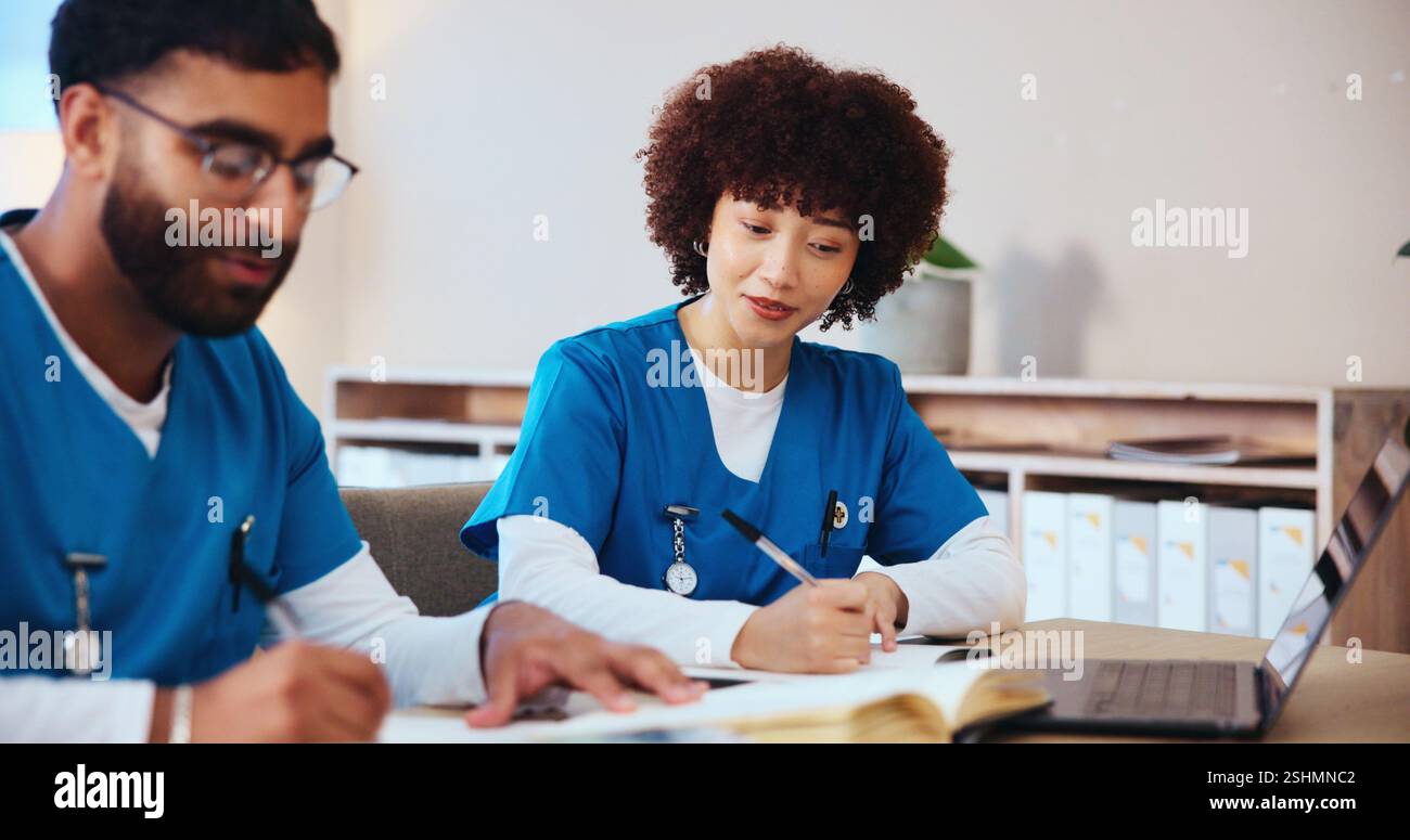 Healthcare, students and doctors with test, medical school or studying ...