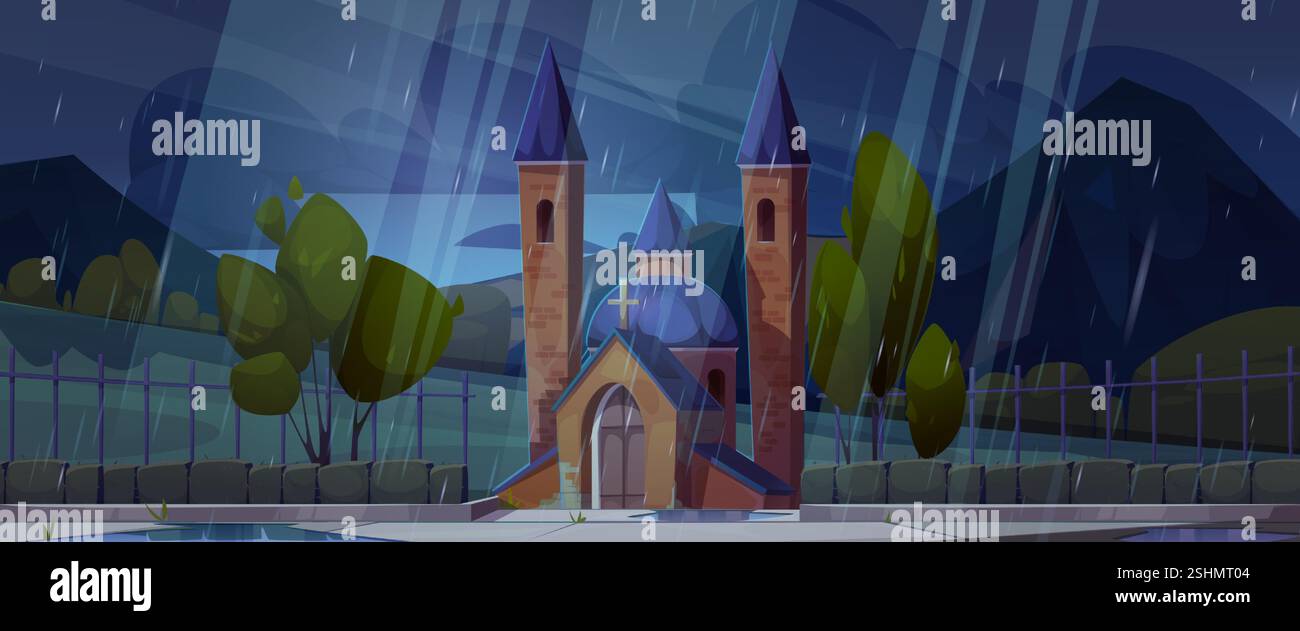 Cartoon church building in rainy night atmosphere with towers and fence ...