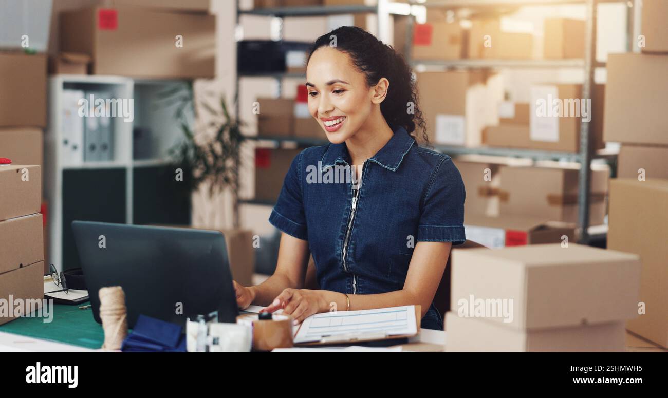 Laptop, happy woman and logistics in office, ecommerce business and ...