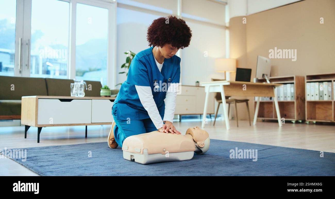 Nurse, cpr or woman training on mannequin for first aid practice ...