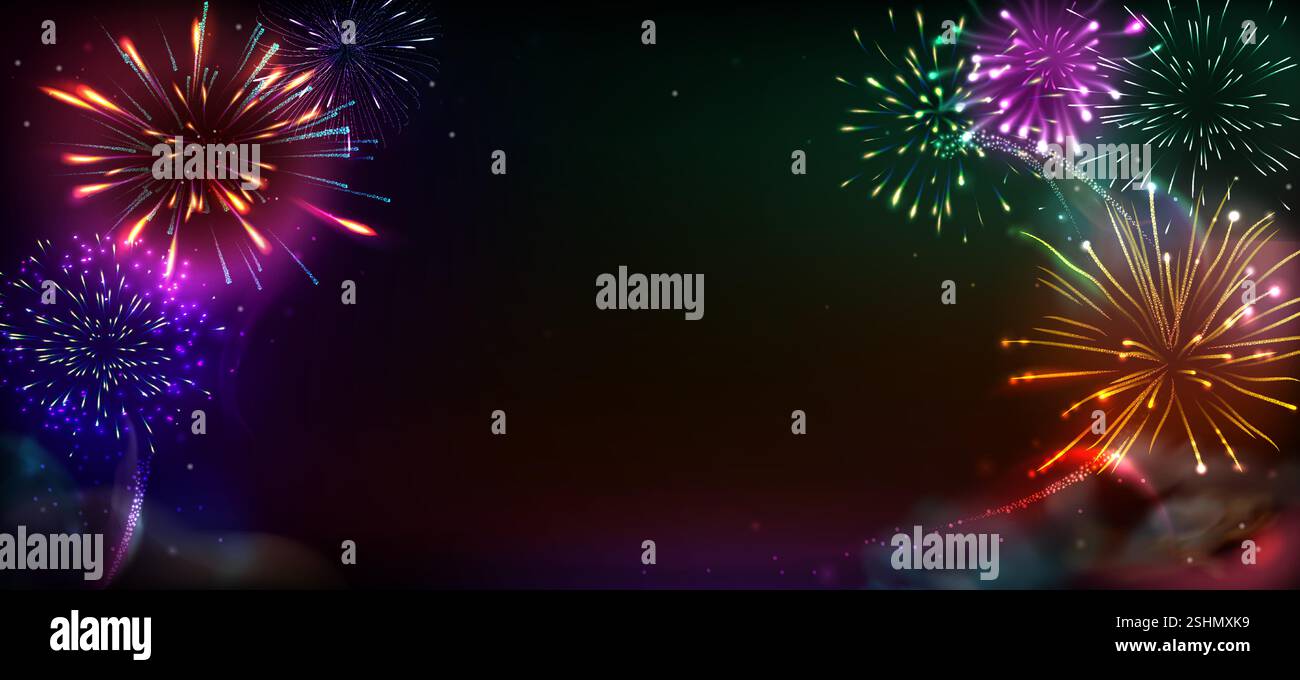 Colorful fireworks with sparkling bursts on dark sky. Festive ...