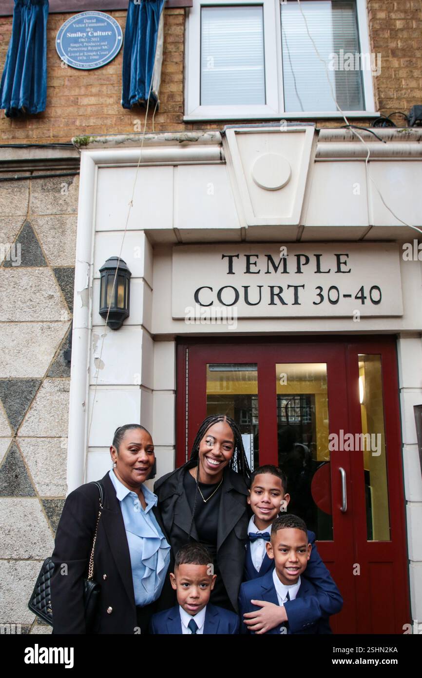 London, UK. 10th Feb, 2025. Family of Smiley Culture stands in front of ...
