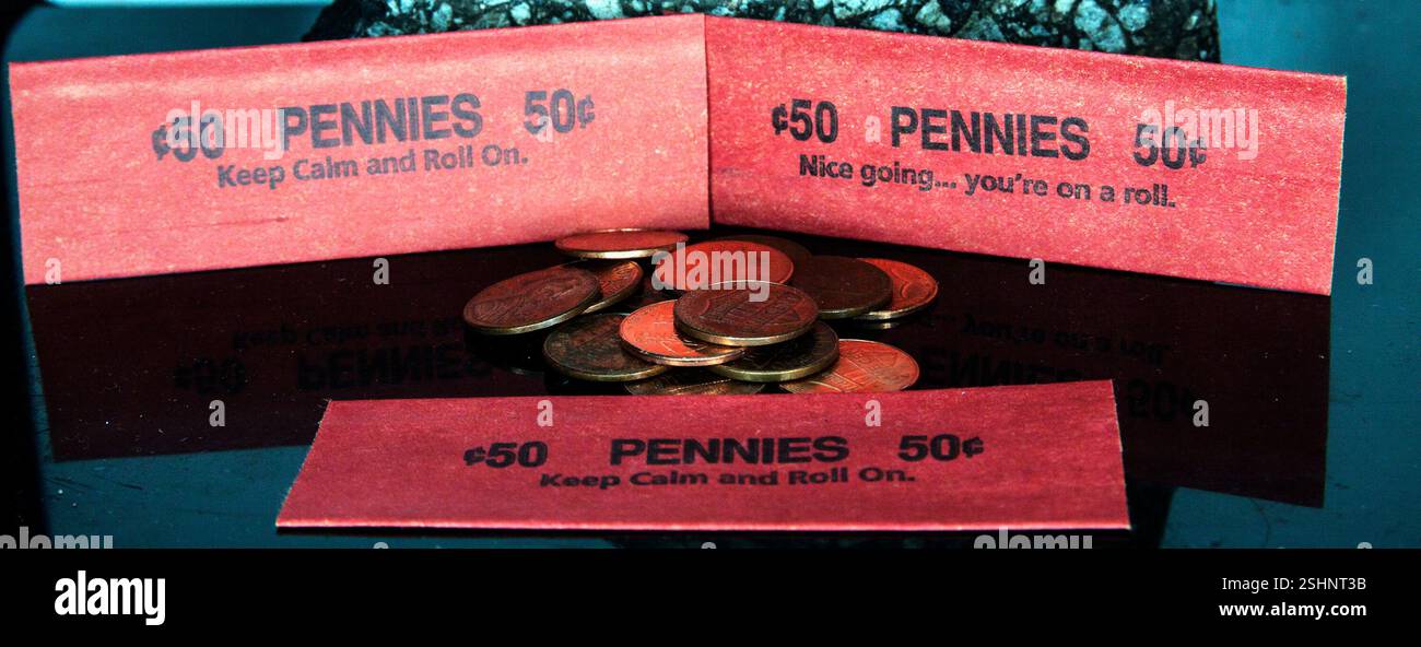 February 10, 2025, New York City, New York, USA: One cent penny coins ...