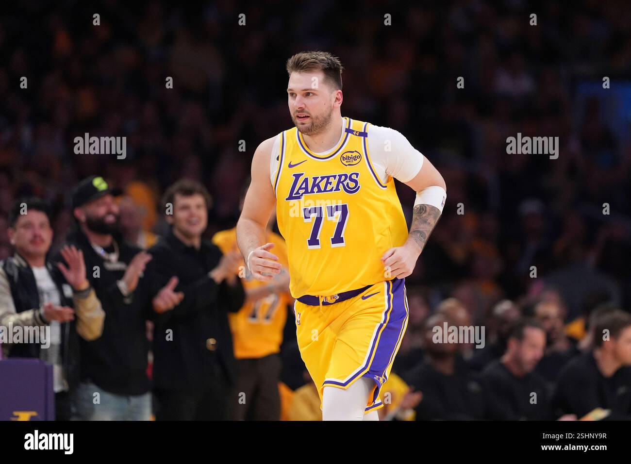 Los Angeles Lakers guard Luka Doncic runs during the second half of an NBA basketball game ...