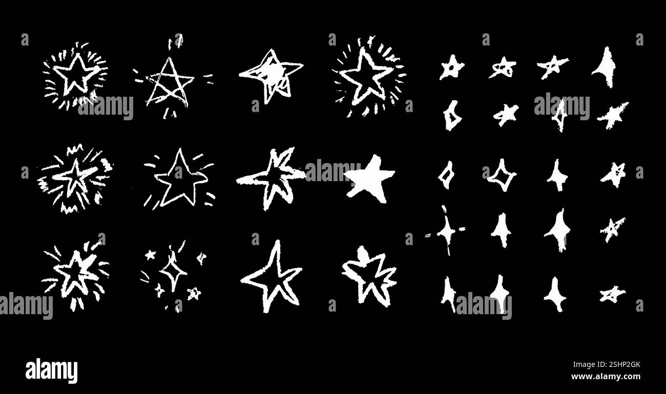 Set of fun like kid drawing white stars. Collection of wax pencil ...