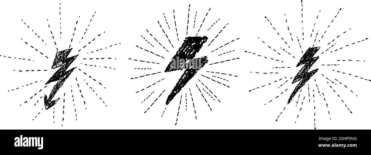 Set of lightning wax pen drawing silhouette. Collection of thunder or ...