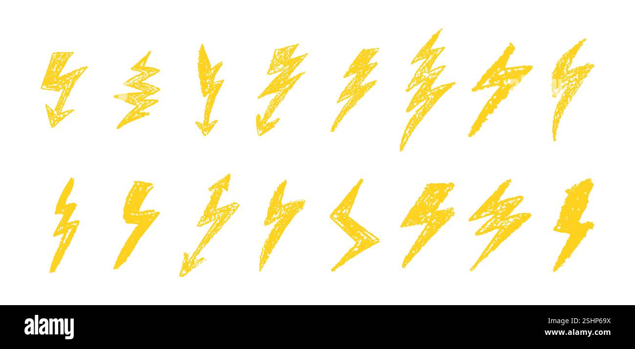 Set of lightning by wax pencil drawing. Collection of handdrawing chalk ...