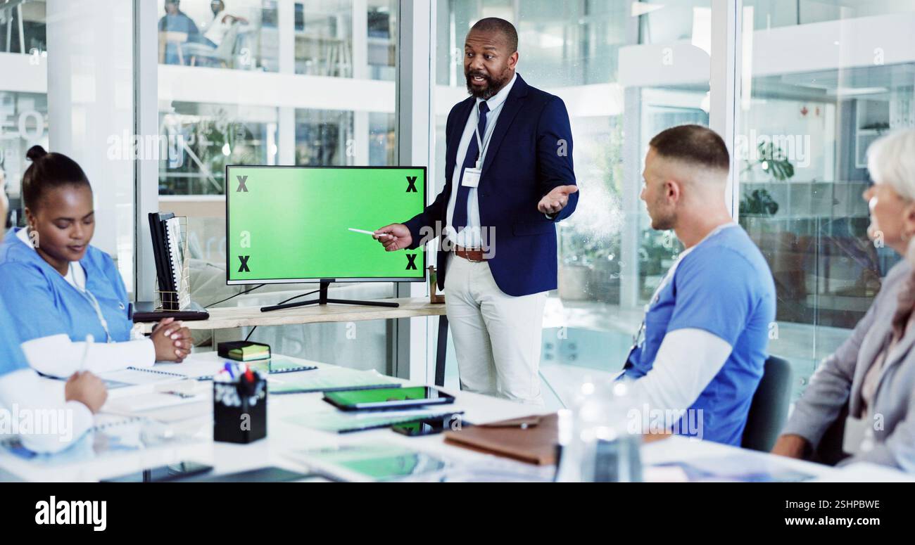 Doctor, coach and presentation with green screen for healthcare ...