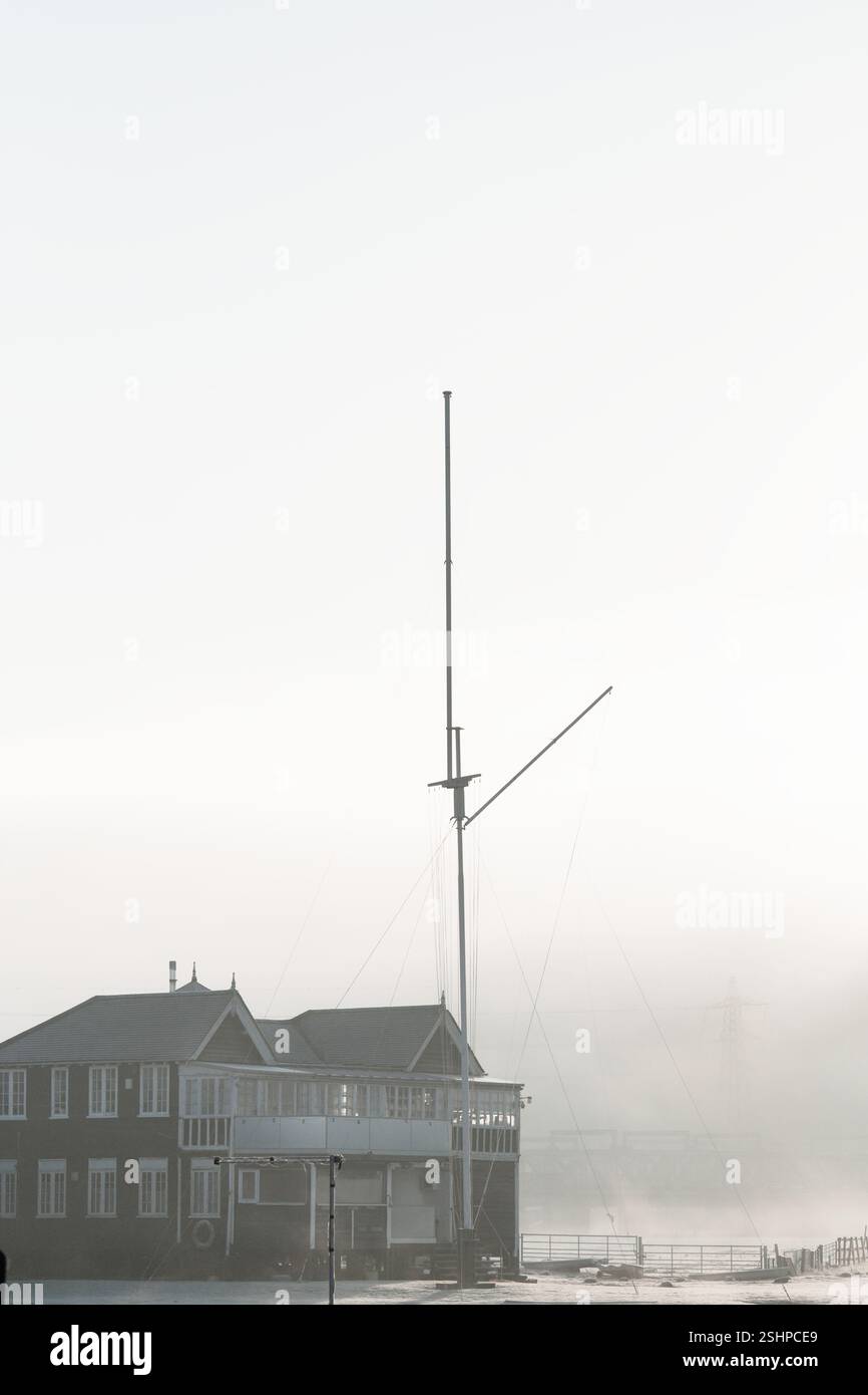 River yacht club building in fog Stock Photo - Alamy