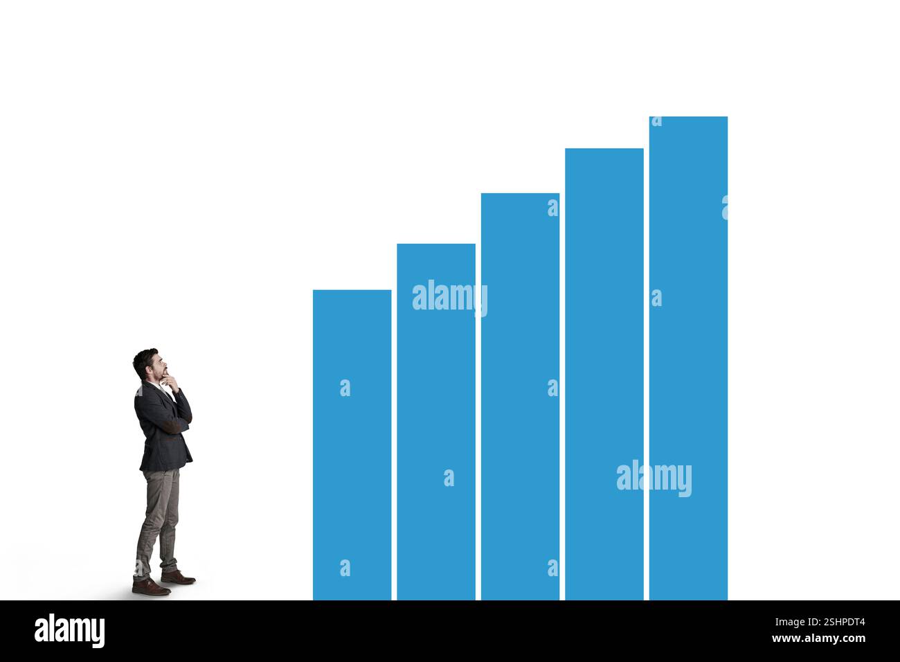 Man, bar graph and business thinking in studio, stock worker and risk ...