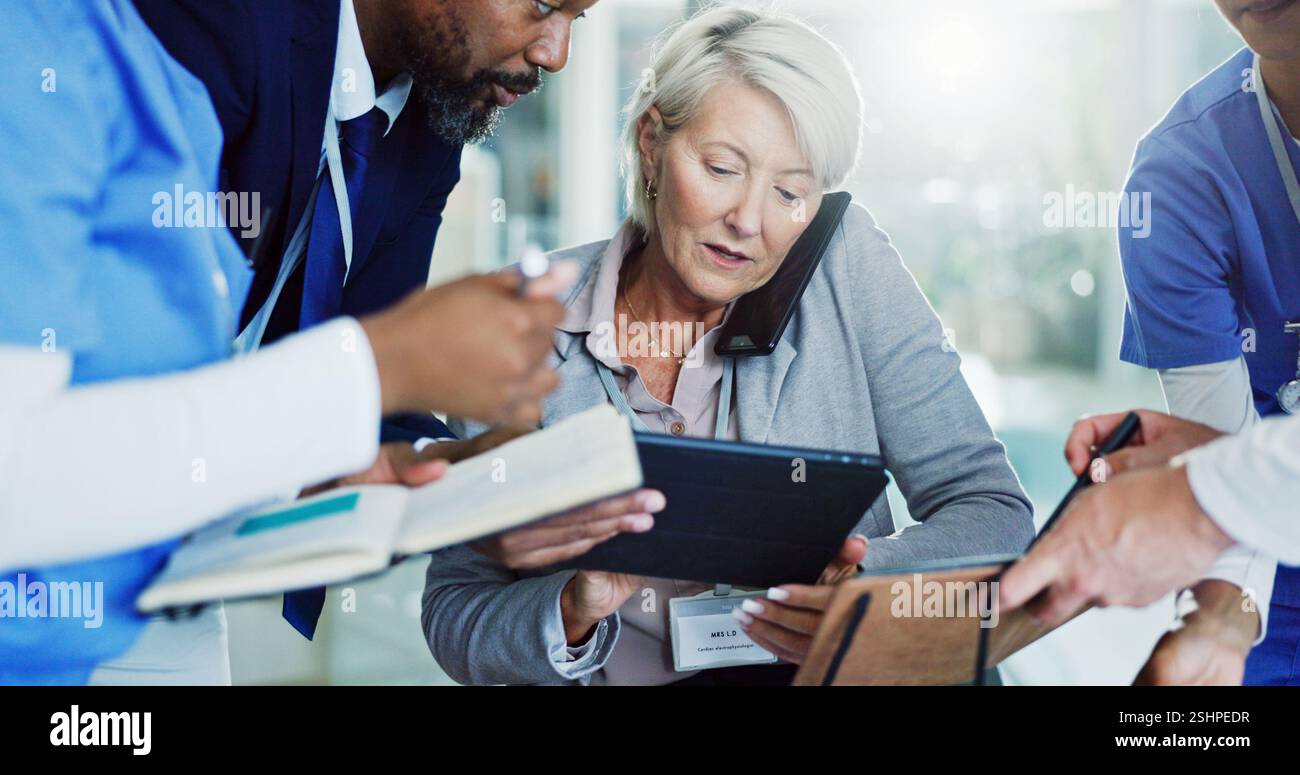 Mature woman, director and multitasking with medical team for ...