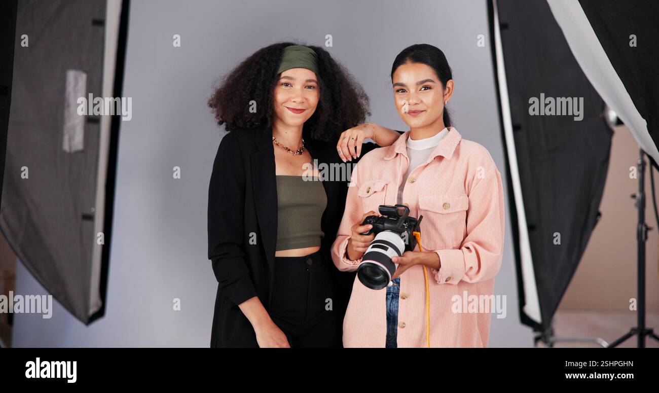 People, camera and team for photoshoot on set, collaboration and ...