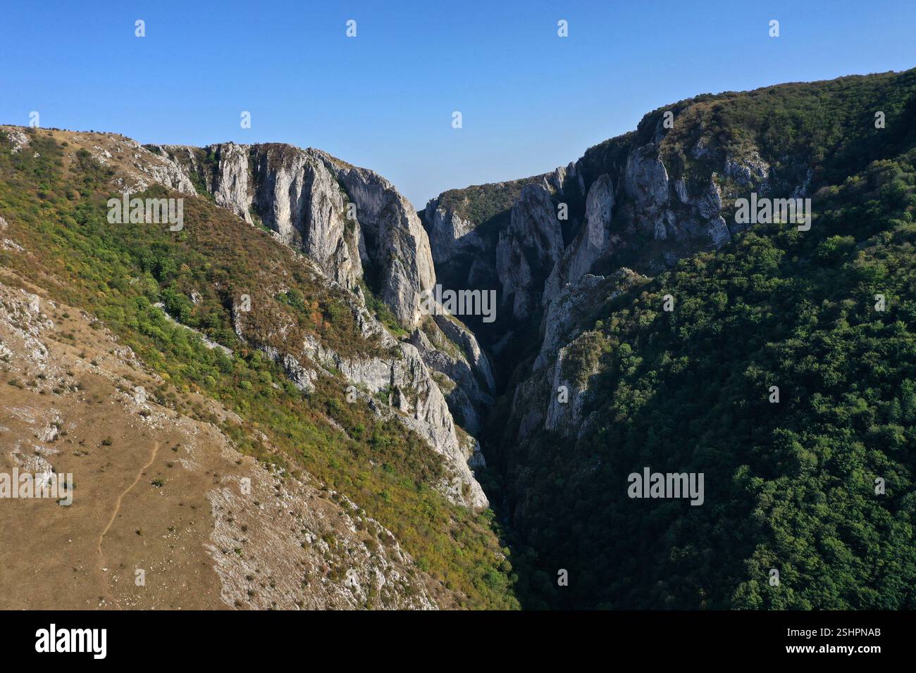 Aerial view of a deep limestone gorge, canyon. Cheile Turzii, Romania ...