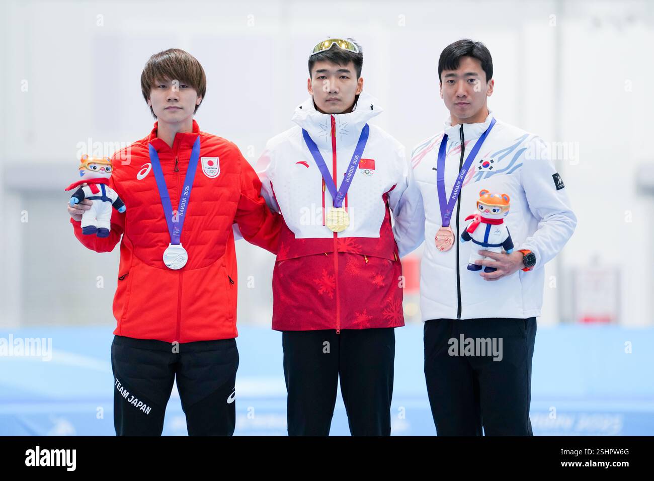 Harbin,China.10th February 2025. Gold medalist Gao Tingyu (C) of China ...