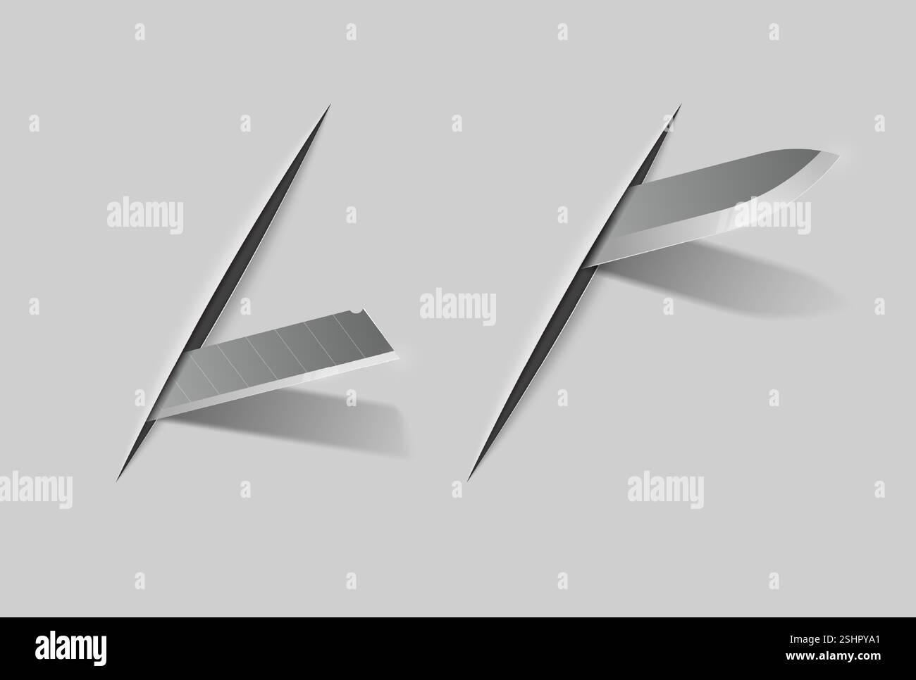 Steel knife and stationery knife cut holes in paper. Vector realistic ...