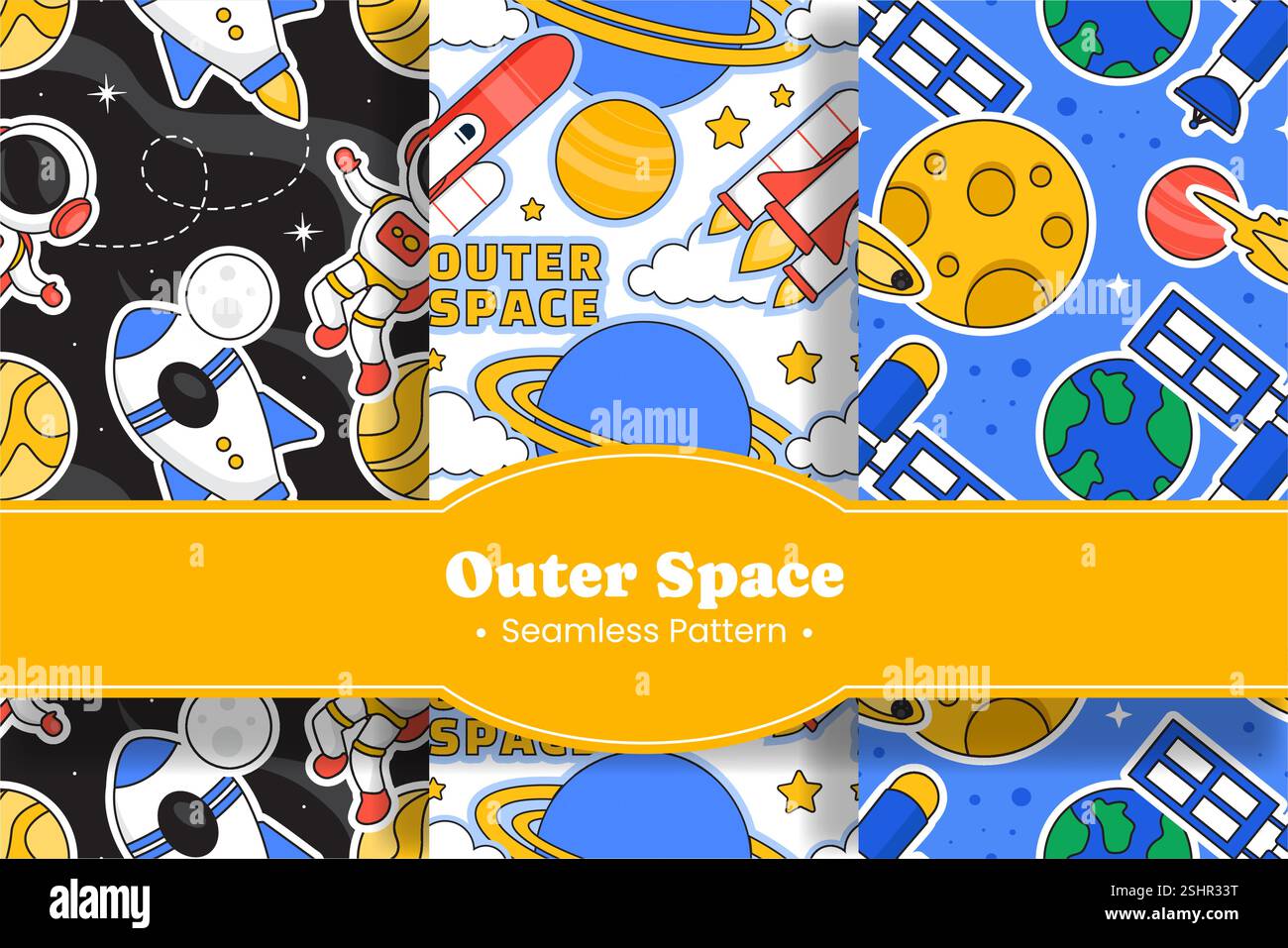 Seamless Pattern of Outer Space Exploration with Floating Astronaut and Planets in Cartoon Flat ...