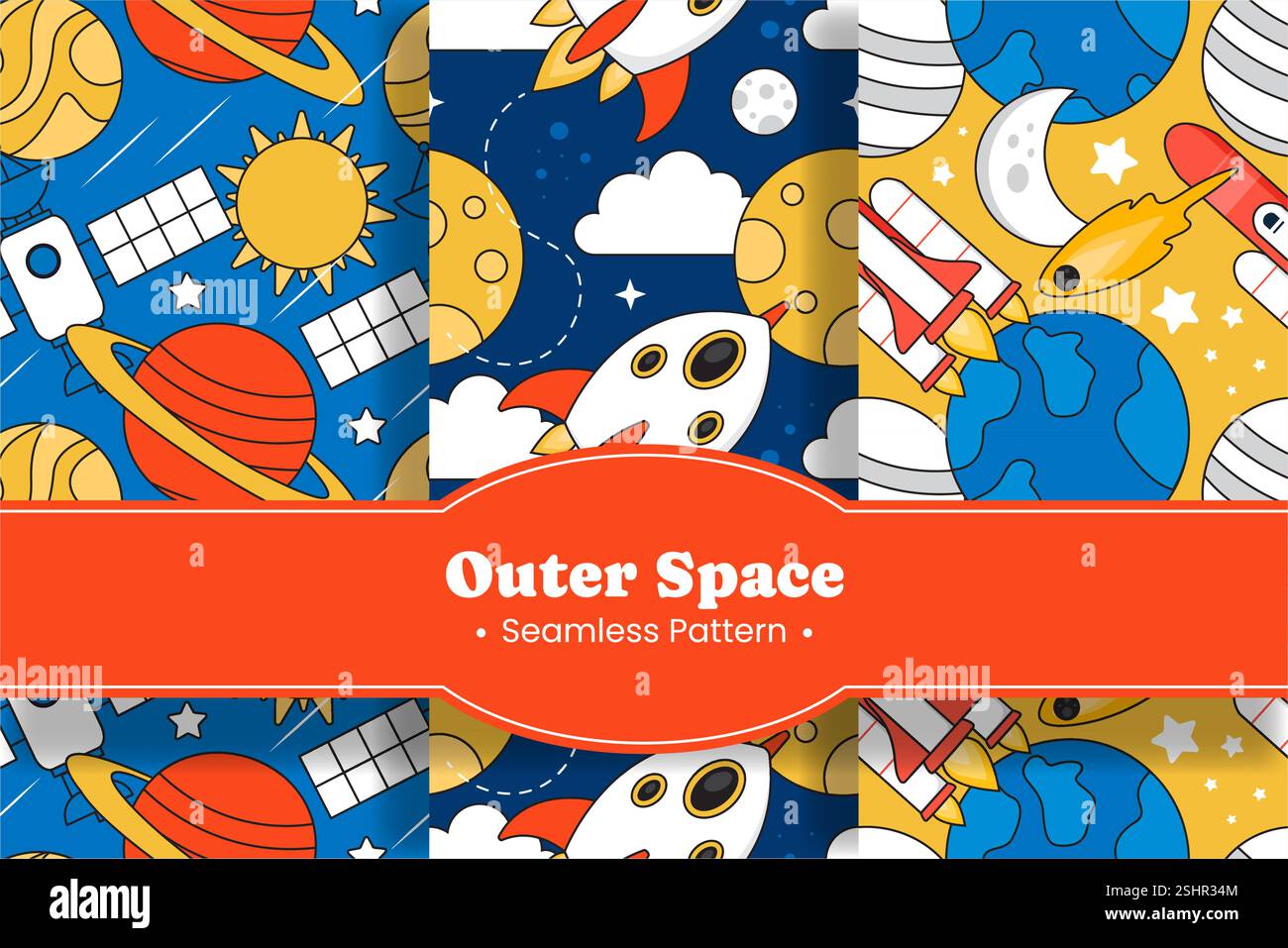 Seamless Pattern of Outer Space Exploration with Floating Rocket and Planets in Cartoon Flat ...