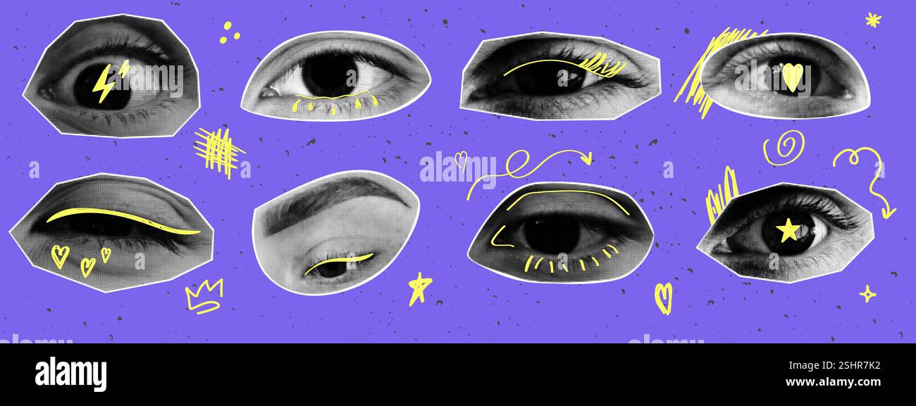 Halftone eyes with naive doodle elements. Paper cutout elements. Modern ...