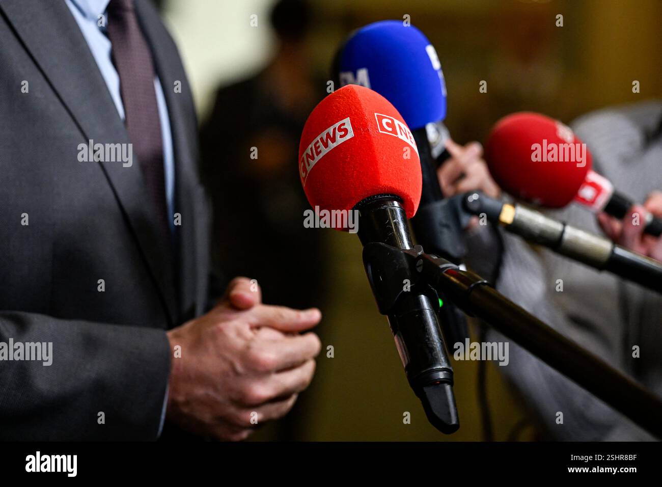 Paris, France. 10th Feb, 2025. Illustration picture shows a microphone ...
