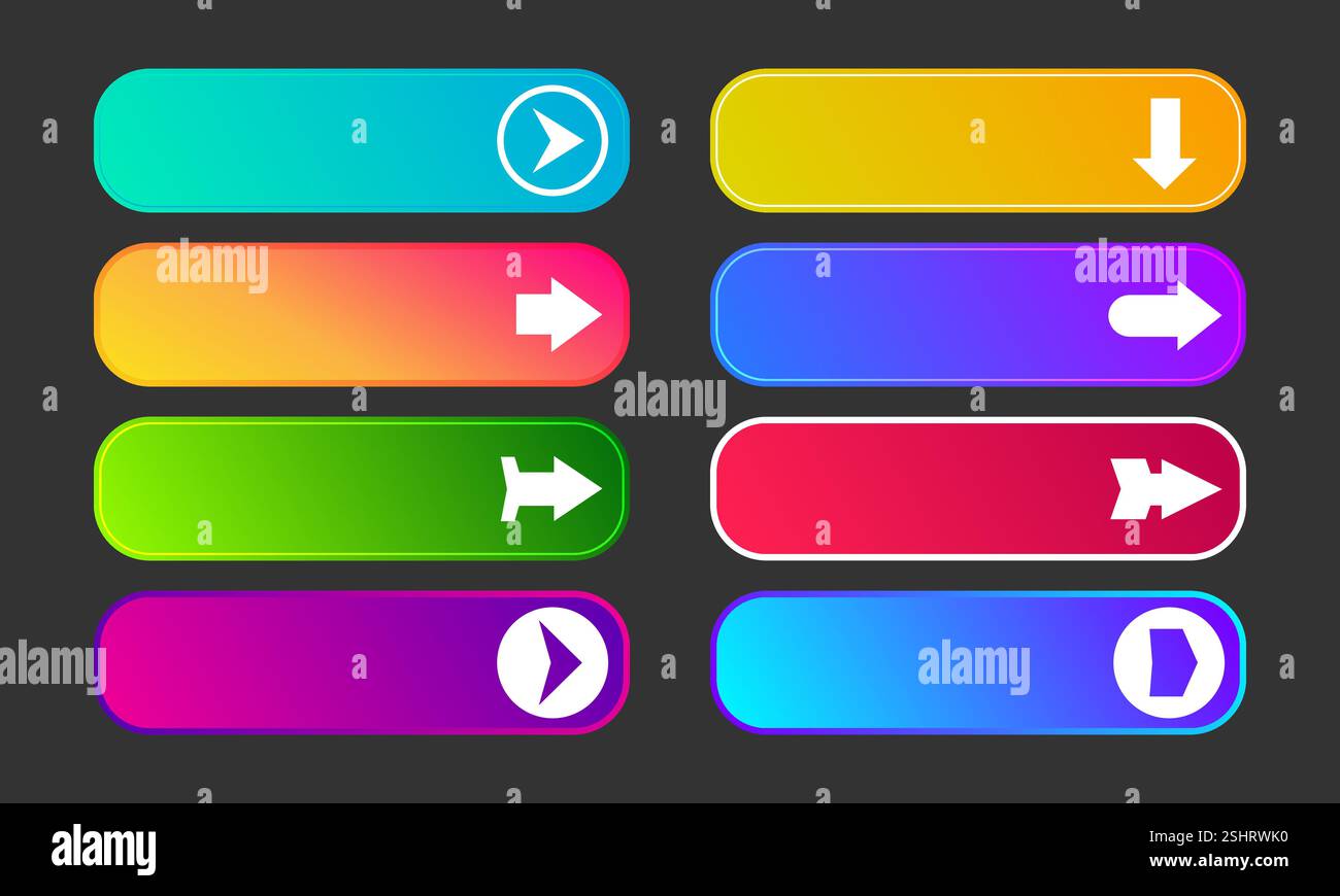 Colorful gradient buttons with arrows. Set of eight modern abstract web ...