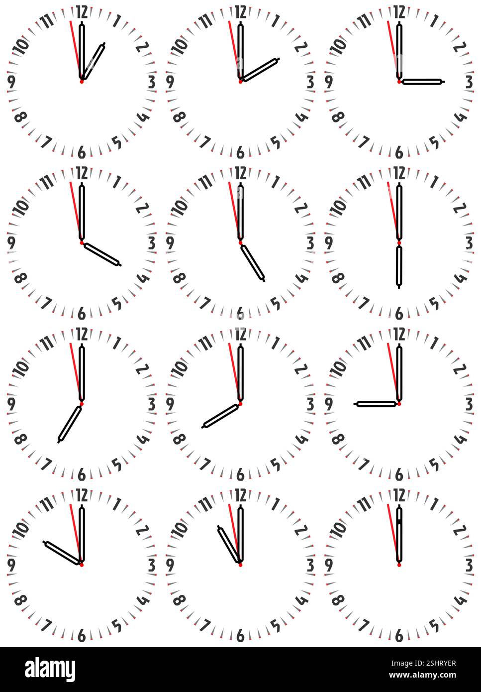 A set of mechanical clocks with an image of each of the twelve hours ...