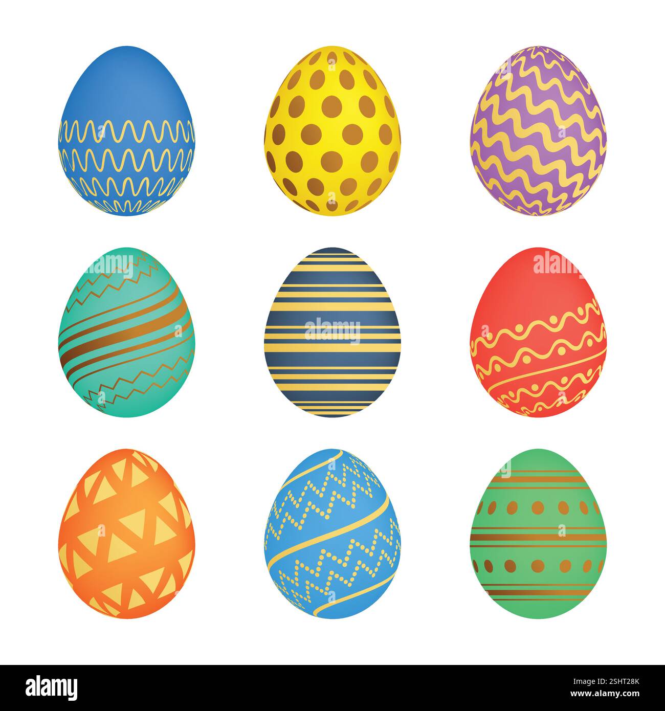 Set of Nine Easter eggs with different colorful texture on a white ...