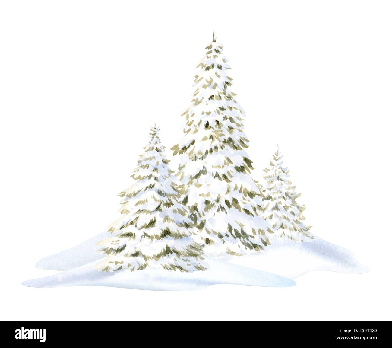 Snow covered Christmas trees growing on snowdrift hills watercolor ...