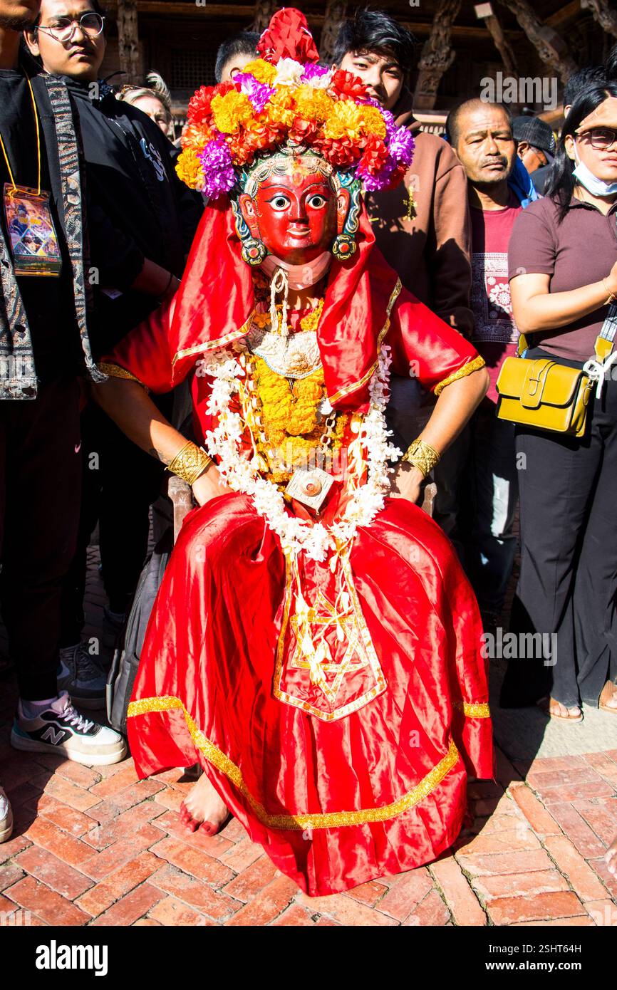 Kaumari, one of the Ashtamatrika Dancers wears a red mask and attire ...