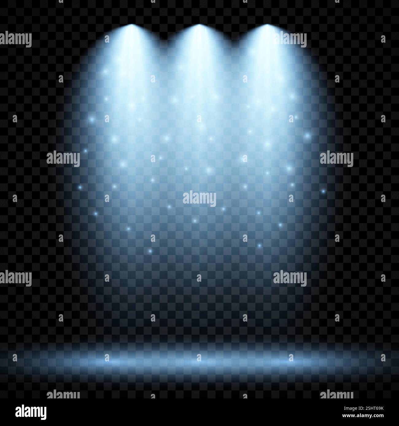 Cold blue lighting with three spotlights. Scene illumination effects on a dark transparent ...