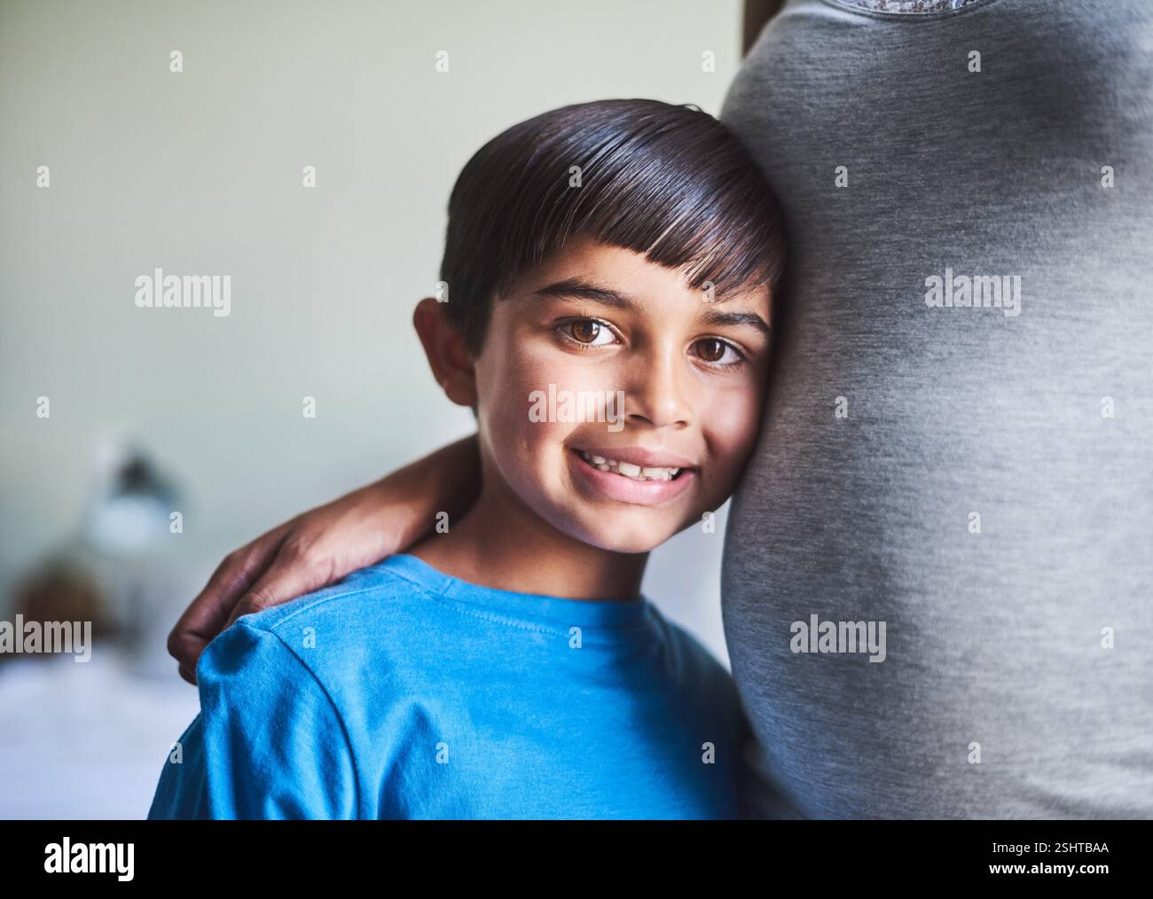 Pregnant, mother and portrait of boy on tummy for sibling bonding ...