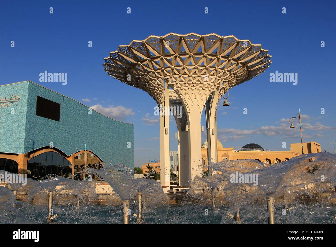 Metal umbrellas in the modern city of Turkestan. A view of the newly ...