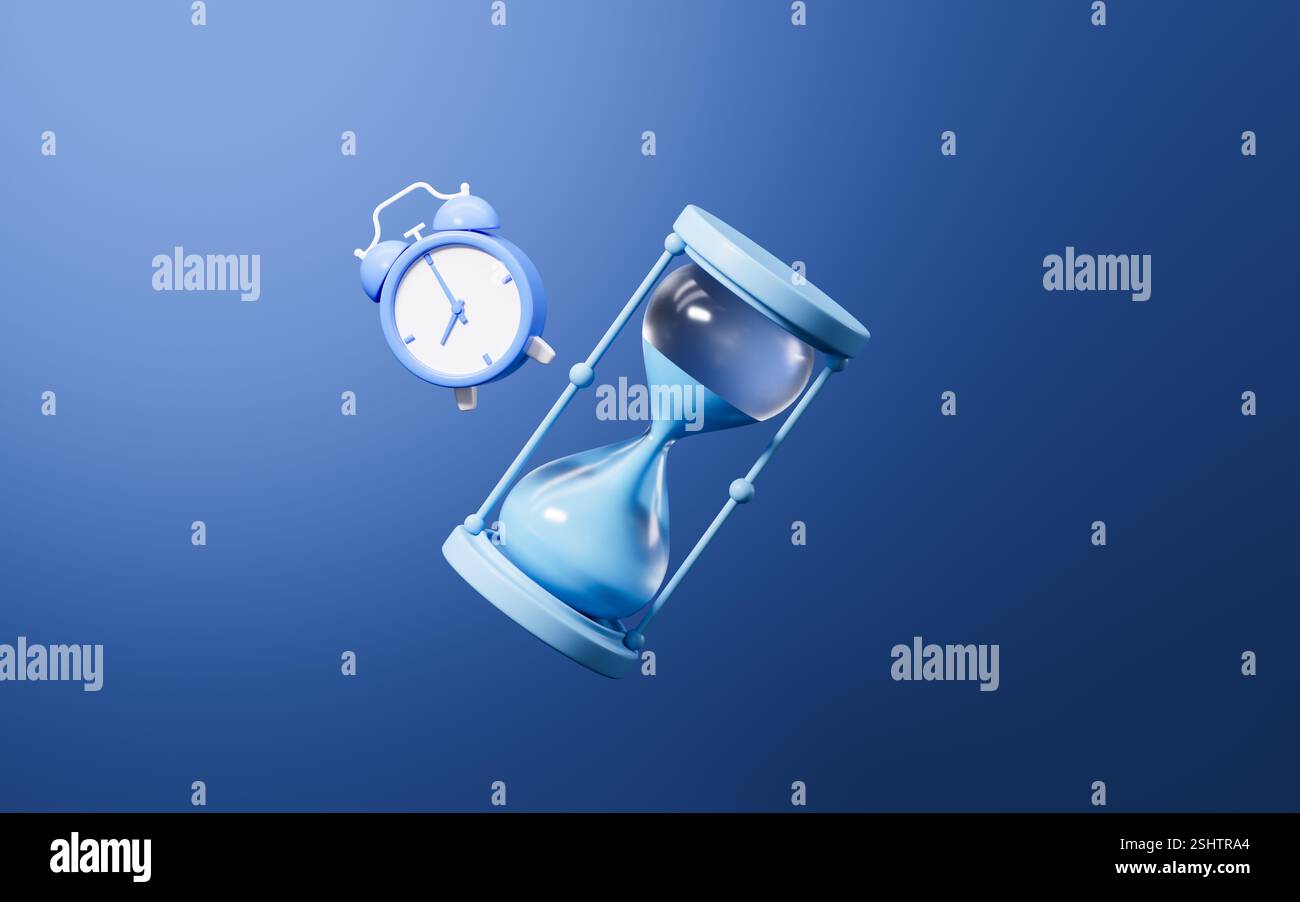 Cartoon sand clock and alarm clock in the blue background, 3d rendering ...