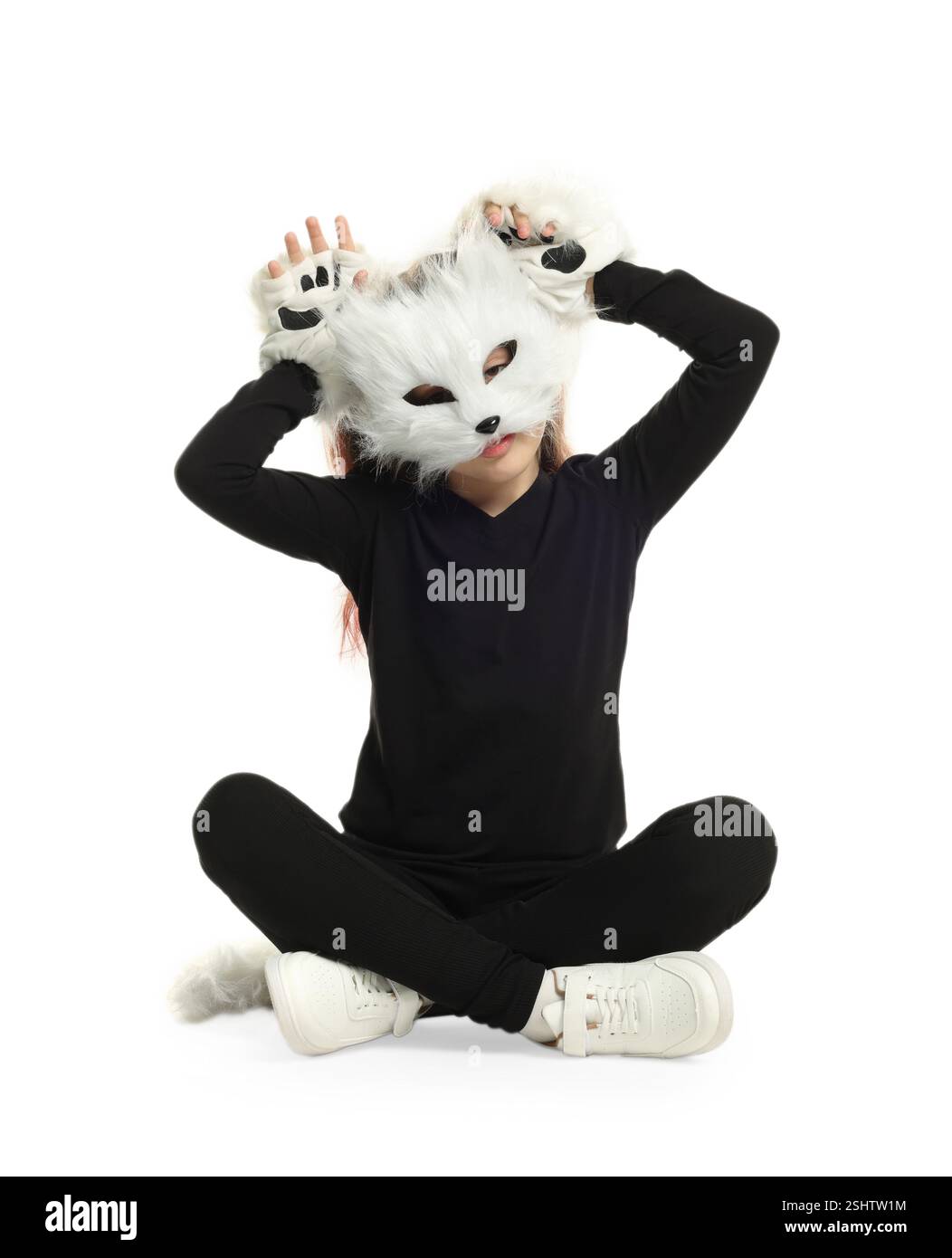Quadrobics. Girl wearing cat mask, tail and gloves on white background ...
