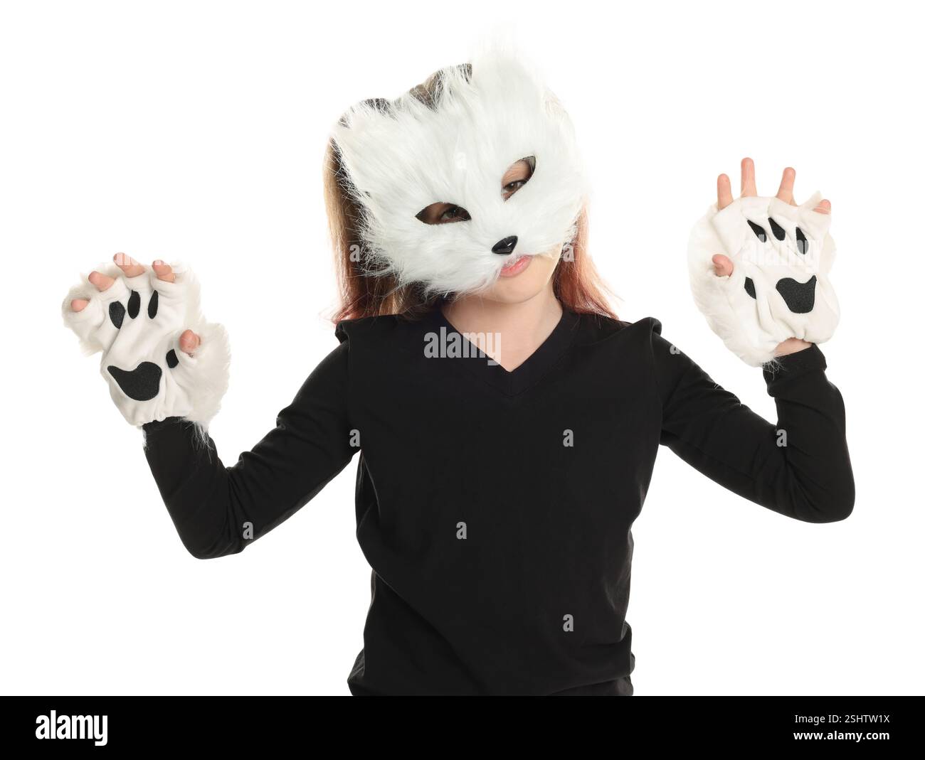 Quadrobics. Girl wearing cat mask and gloves on white background Stock ...