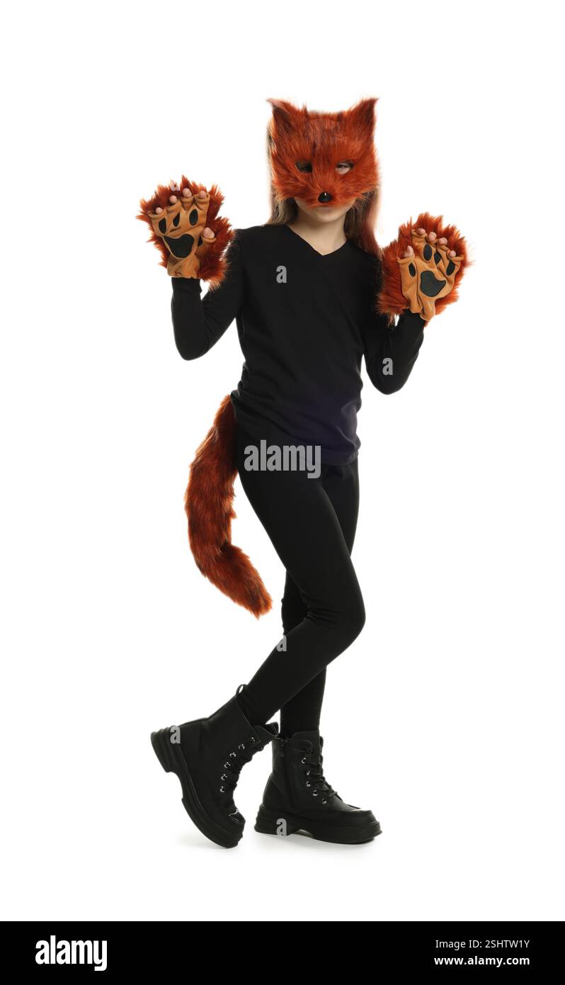 Quadrobics. Girl wearing fox mask, tail and gloves on white background ...
