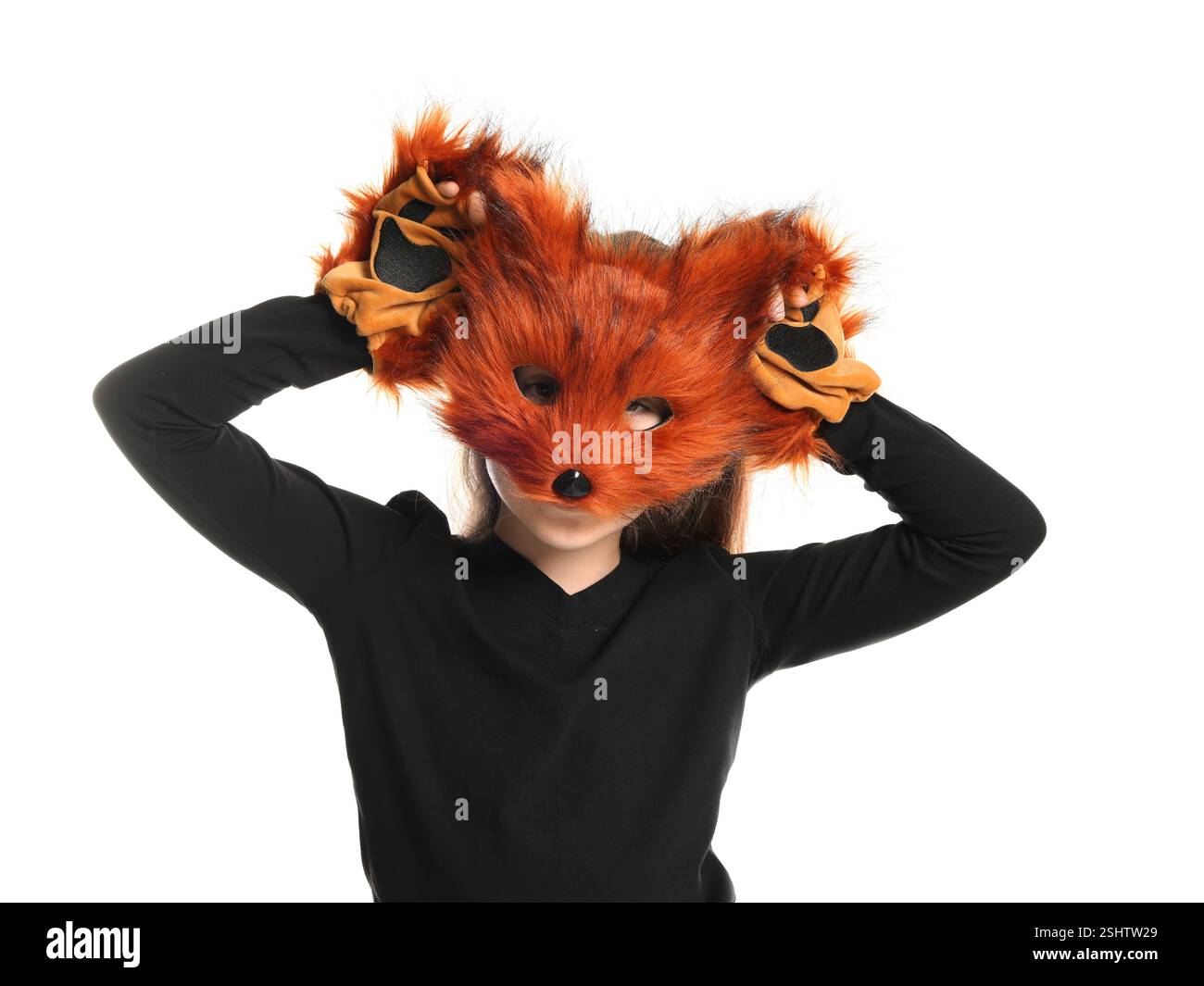 Quadrobics. Girl wearing fox mask and gloves on white background Stock ...