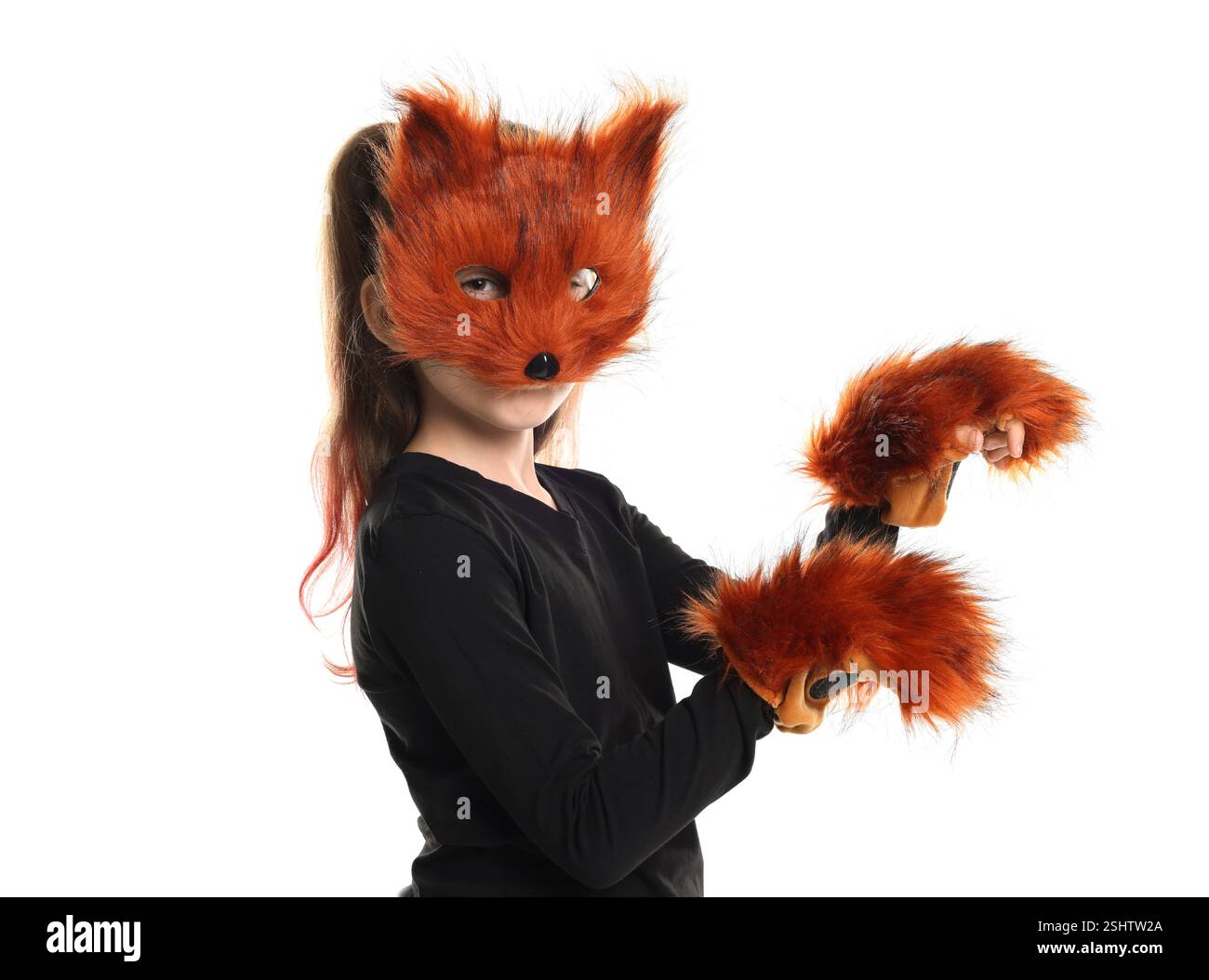 Quadrobics. Girl wearing fox mask and gloves on white background Stock ...